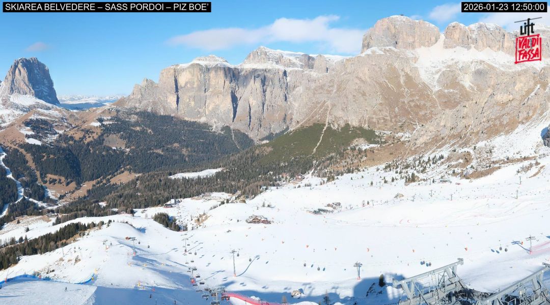 Webcam Canazei Belvedere Sass Pordoi dal Rifugio Sas Bece 2377 m